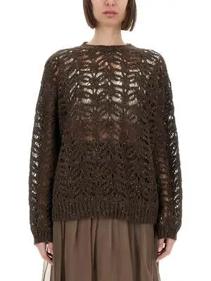 Brunello Cucinelli Foliage Lace Linen & Silk Diamond Knit Sweater - Brown