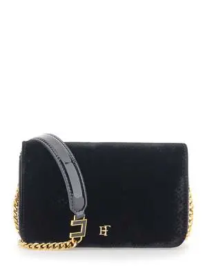 Elisabetta Franchi Velvet-trim Tech Fabric Crossbody Handbag With Logo & Zip Closure - Black