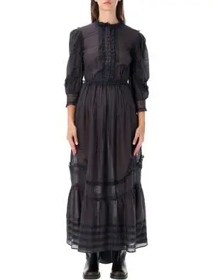 FORTELA Sheer Lace Trim Long Sleeve Maxi Dress - Nero
