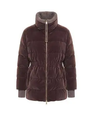 Fabiana Filippi Velvet Puffer Coat With High Neck And Zip Front - Corteccia