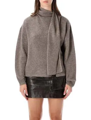 THE GARMENT Wool Cashmere Turtleneck Sweater With Scarf - Mashroom