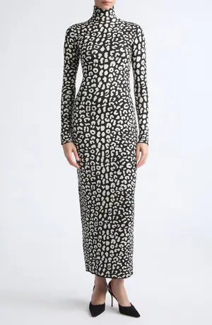 Carolina Herrera Turtleneck Tea Length Knit Dress - Black Multi