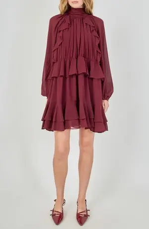 Endless Rose Ruffle Tie Back Long Sleeve Chiffon Dress - Bordeaux