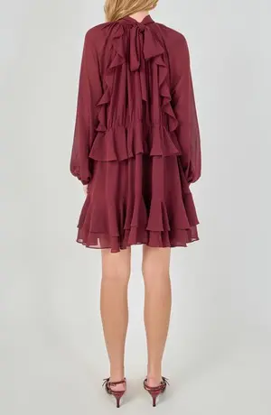 Endless Rose Ruffle Tie Back Long Sleeve Chiffon Dress
