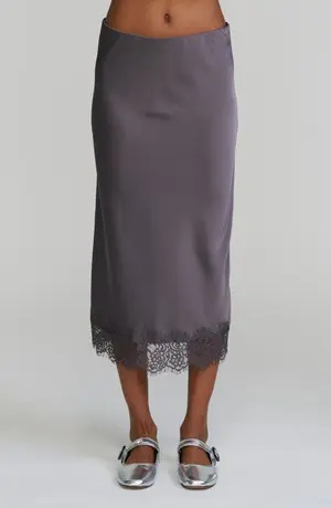 ELLE COLLECTION Satin Lace Hem Skirt Grey