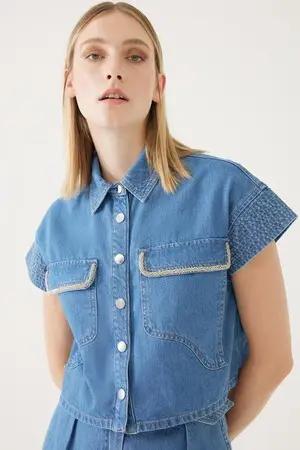 EXQUISE Denim Look Pocketed Shirt - Blue