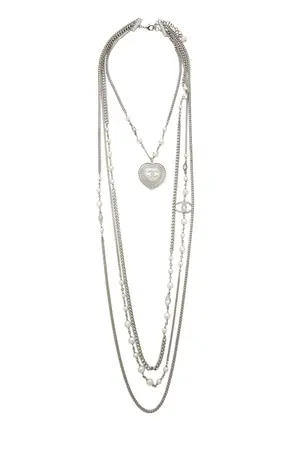 Chanel Crystal 'cc' Faux Pearl Heart Necklace - Silver