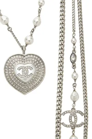Chanel Crystal 'cc' Faux Pearl Heart Necklace