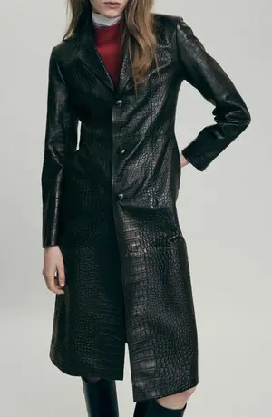 Mango Croc Embossed Leather Coat - Brown