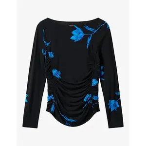 Whistles Ruched Floral-print Stretch-jersey Top