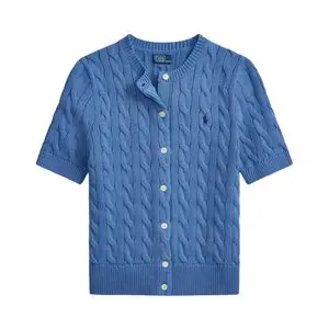 Polo Ralph Lauren Cotton-short Sleeve-crew Neck-cardigan-sweater 'nimes - Blue