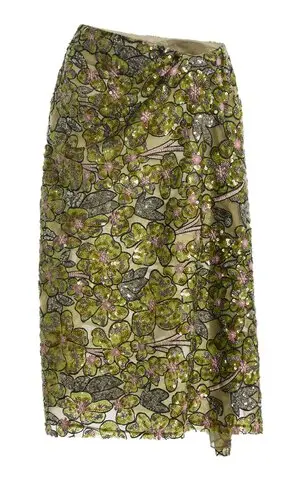 Prabal Gurung Floral Sequin Embroidered Tulle Hand-draped Sari Overlay Skirt - Green