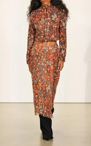 Prabal Gurung Floral Sequin Embroidered Tulle Hand-draped Sari Overlay Skirt - Orange