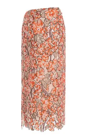 Prabal Gurung Floral Sequin Embroidered Tulle Hand-draped Sari Overlay Skirt - Orange