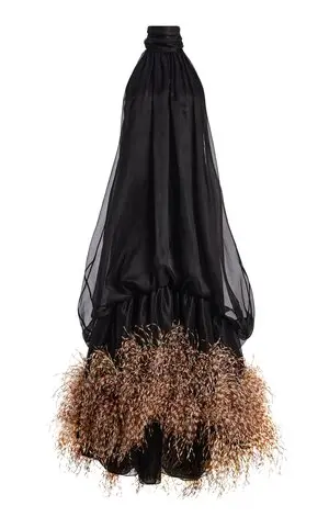 Prabal Gurung Feathered Silk Organza Open-back Cocoon Halter Dress - Black