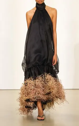 Prabal Gurung Feathered Silk Organza Open-back Cocoon Halter Dress