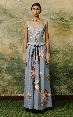 Agua Bendita Renacer Floral-applique Linen Maxi Dress - Light Blue
