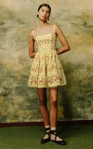 Agua Bendita Lima Tiered-skirt Linen Mini Dress - Gold