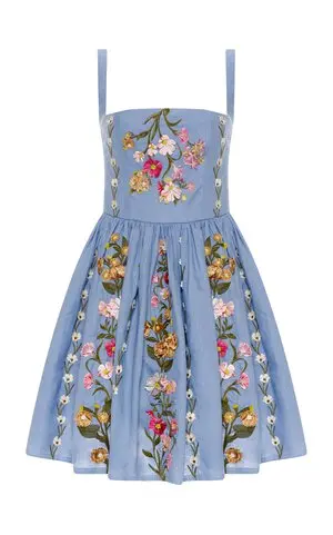 Agua Bendita Mielero Floral-applique Linen Mini Dress - Light Blue
