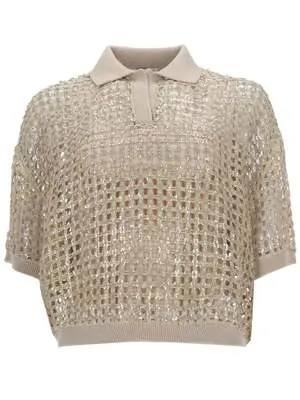 Brunello Cucinelli Silk & Linen Knit Polo Shirt For - Beige