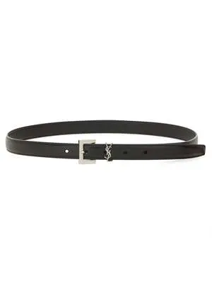 Saint Laurent Cassandre Slim Leather Belt - Black