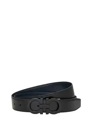 FERRAGAMO Reversible Calfskin Belt With Painted Gancini Hook Buckle - Navy