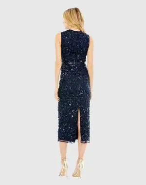 Mac Duggal Navy Sequined Sleeveless High Neck Midi Dress