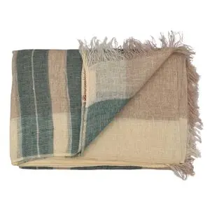 HERITAGEMODA Neutrals Handwoven Light Beige Linen Scarf With Sage Green Colour-block Detail - Beige/green
