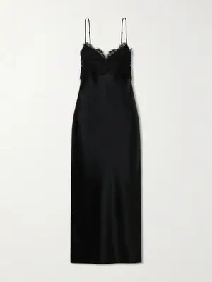 Khaite Joelle Lace-trimmed Ramie-blend Crinkled-satin Midi Dress - Black