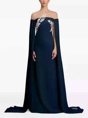 CRISTALLINI Kassandra Leaf-embellished Cape-sleeve Maxi Dress - Blue