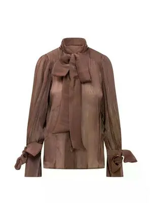 ACTUALEE Pussy-bow Semi-sheer Blouse - Brown