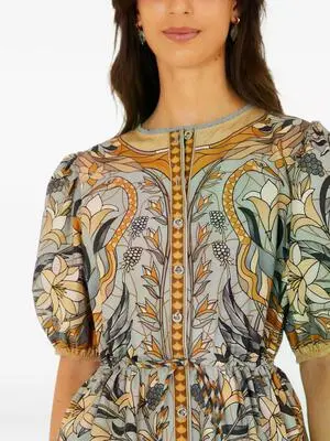 Farm Rio Stained Glass Floral-print Puff-sleeve Blouse
