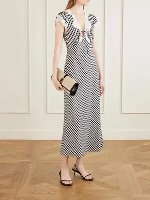 Rixo Bow-detailed Lace-trimmed Checked Woven Midi Dress