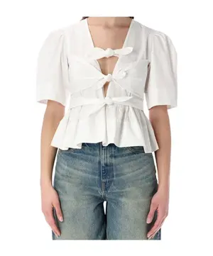 GANNI Tie-front Peplum Top - White
