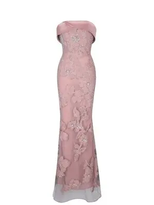 MISS CIRCLE NEW YORK Raphaela Dusty Beaded Floral Strapless Mermaid Maxi Dress - Pink