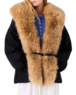 Maje Faux Fur Collar Belted Parka - Black