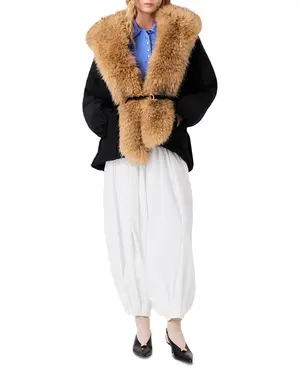 Maje Faux Fur Collar Belted Parka