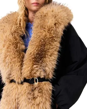 Maje Faux Fur Collar Belted Parka