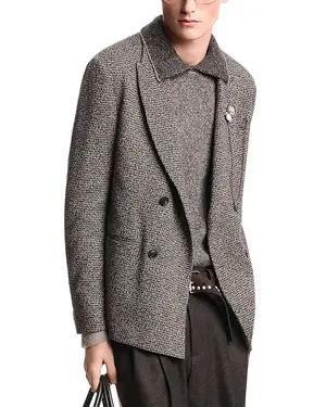 Emporio Armani Double Breasted Cotton Blend Mouline Jersey Blazer - Beige/black