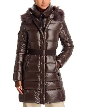 Aqua Faux Fur Trimmed Hooded Puffer Coat Exclusive - Espresso/brown