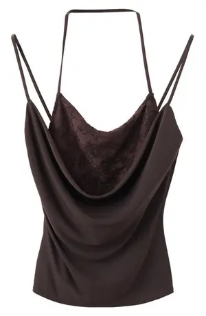 Mango Embroidered Cowl Neck Halter Top - Brown