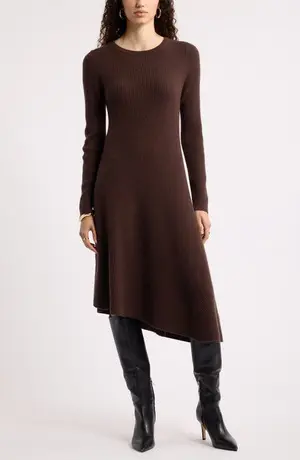 Nordstrom Asymmetric Wool & Cashmere Ribbed Midi Sweater Dress - Brown Mole