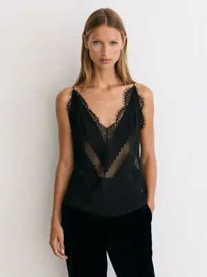 REISS Sisley Lace-trim Mesh-detail Cami Top