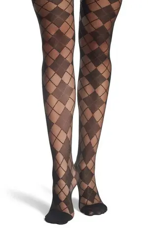 MEMOI Classic Argyle Sheer Tights - Black
