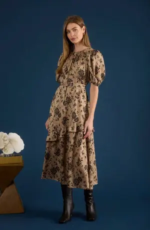 ZOE AND CLAIRE Belted Puff Sleeve Midi Dress