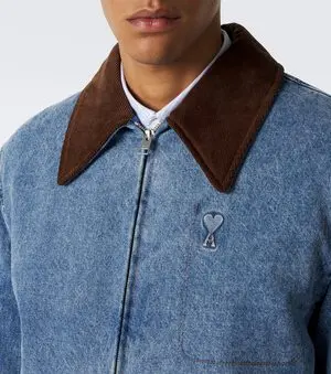 AMI Paris De Coeur Corduroy-trimmed Denim Jacket