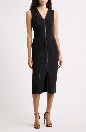 Maggy London Leather Trim Sleeveless Midi Dress - Black