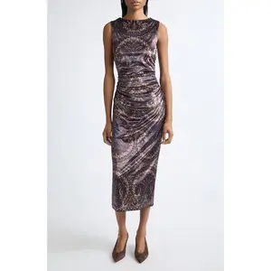 Veronica Beard Charissa Ruched Sleeveless Dress - Dark Eggplant Multi