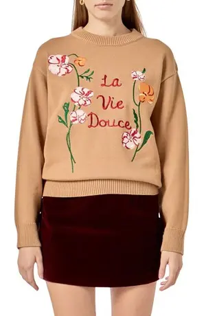 English Factory Flower Embroidered Sweater - Camel