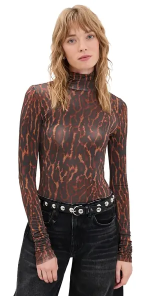 GANNI Printed Shiny Jersey Turtleneck - Rawhide